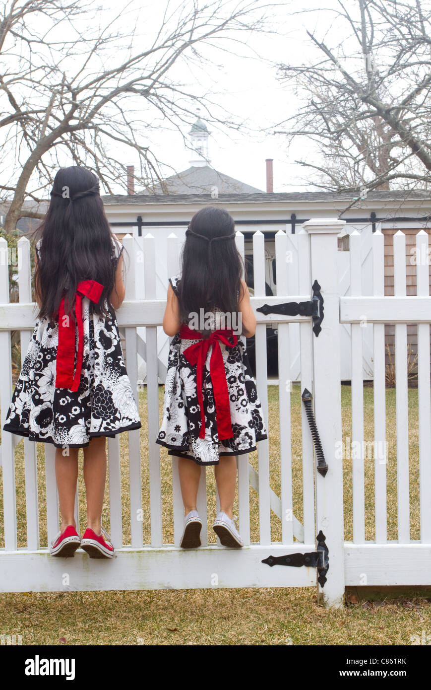 Little girls standing on gate Stock Photo - Alamy