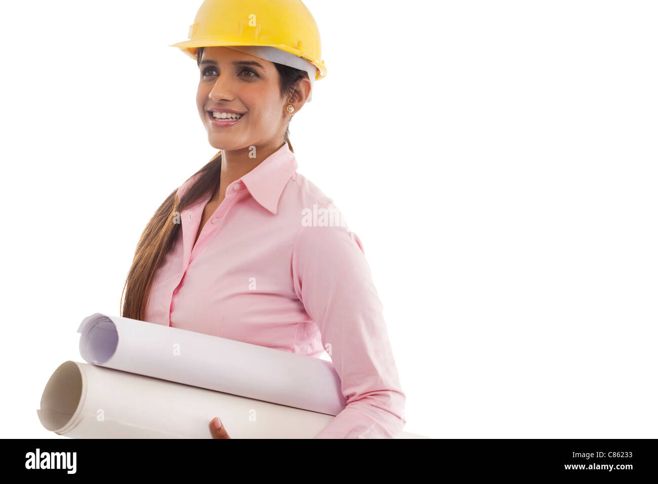 Female engineer with blueprints Stock Photo - Alamy