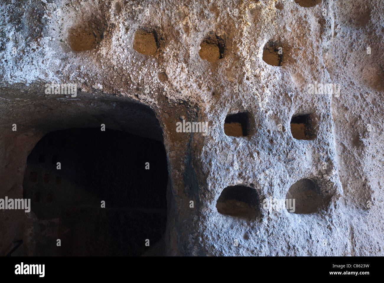 Detail of pigeon cotes carved by the Etruscans out of the tufa rock ...