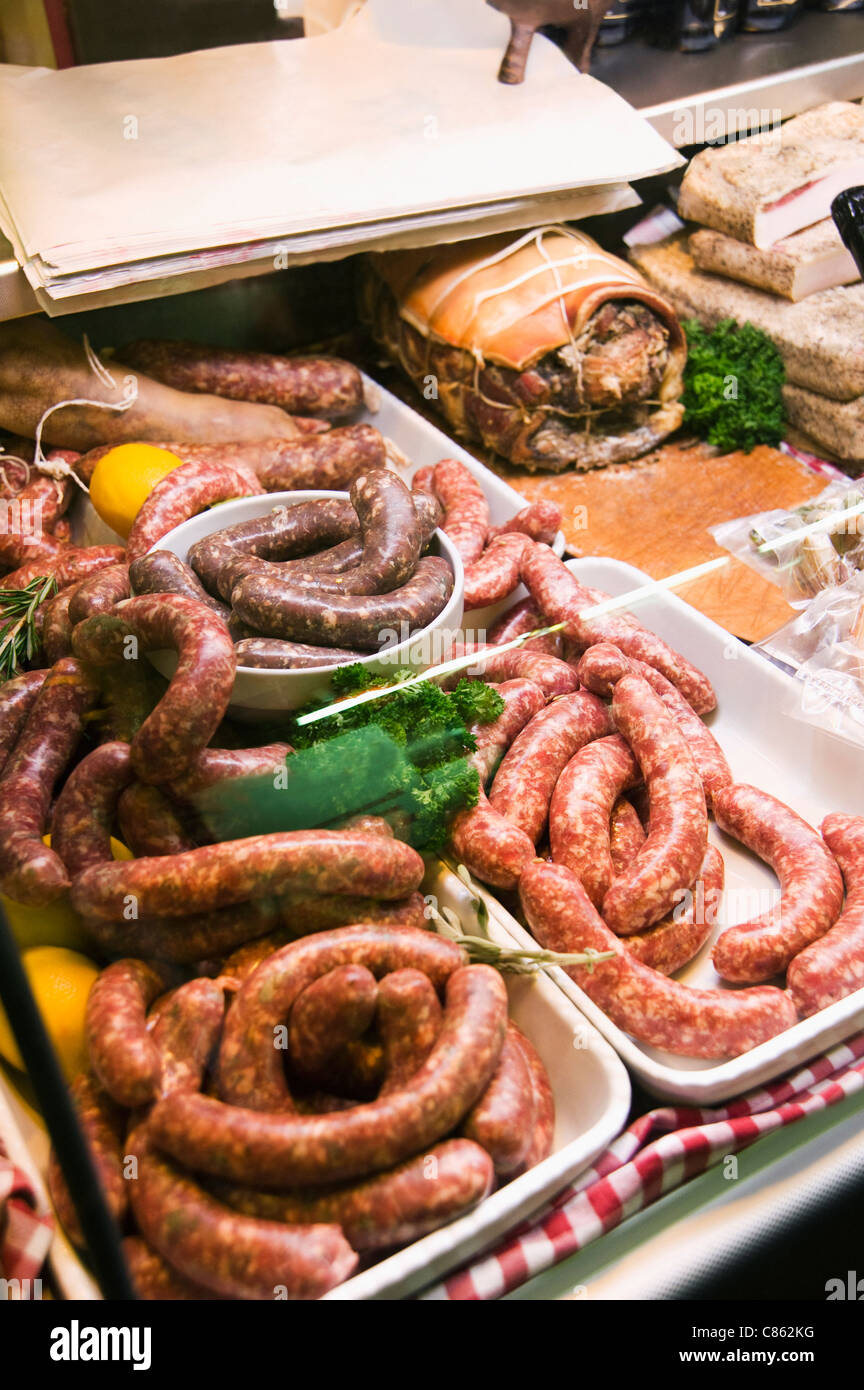 Close up of raw sausage in display case Stock Photo - Alamy