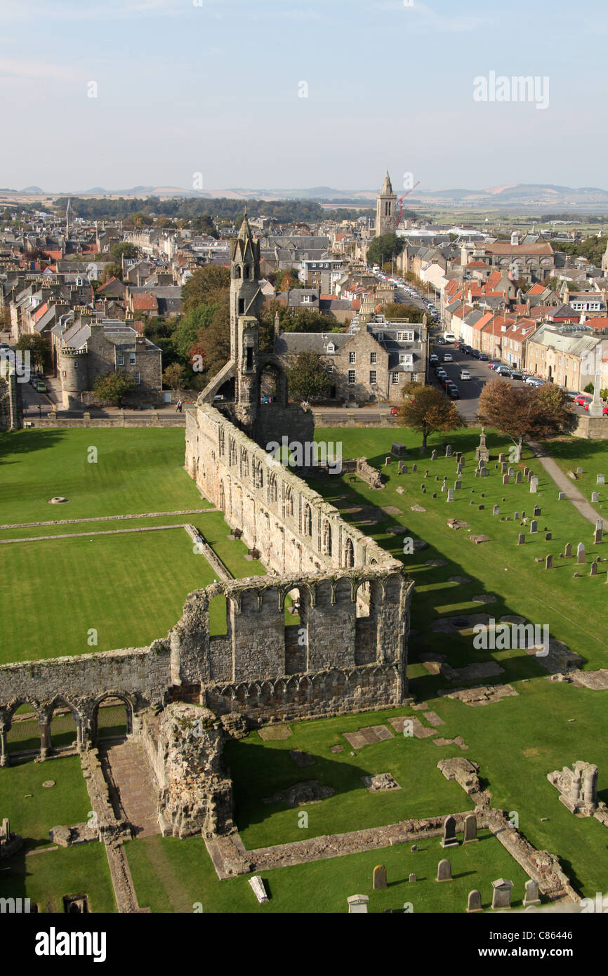Town of St Andrews, Scotland. Aerial view of St Andrews Cathedral ruins ...