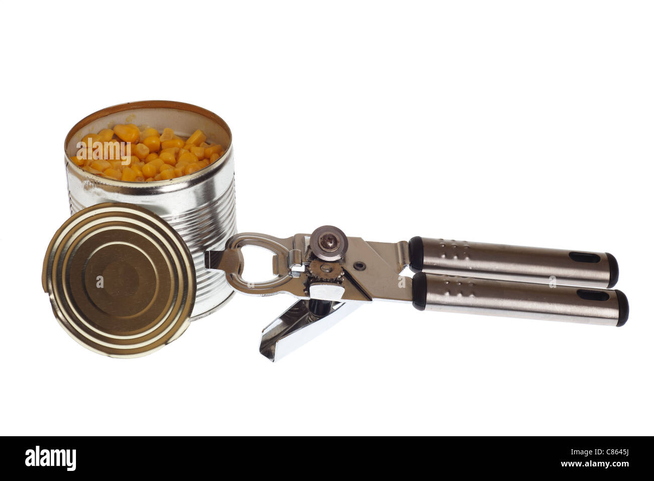 Tin opener opening a can of food isolated on white Stock Photo - Alamy