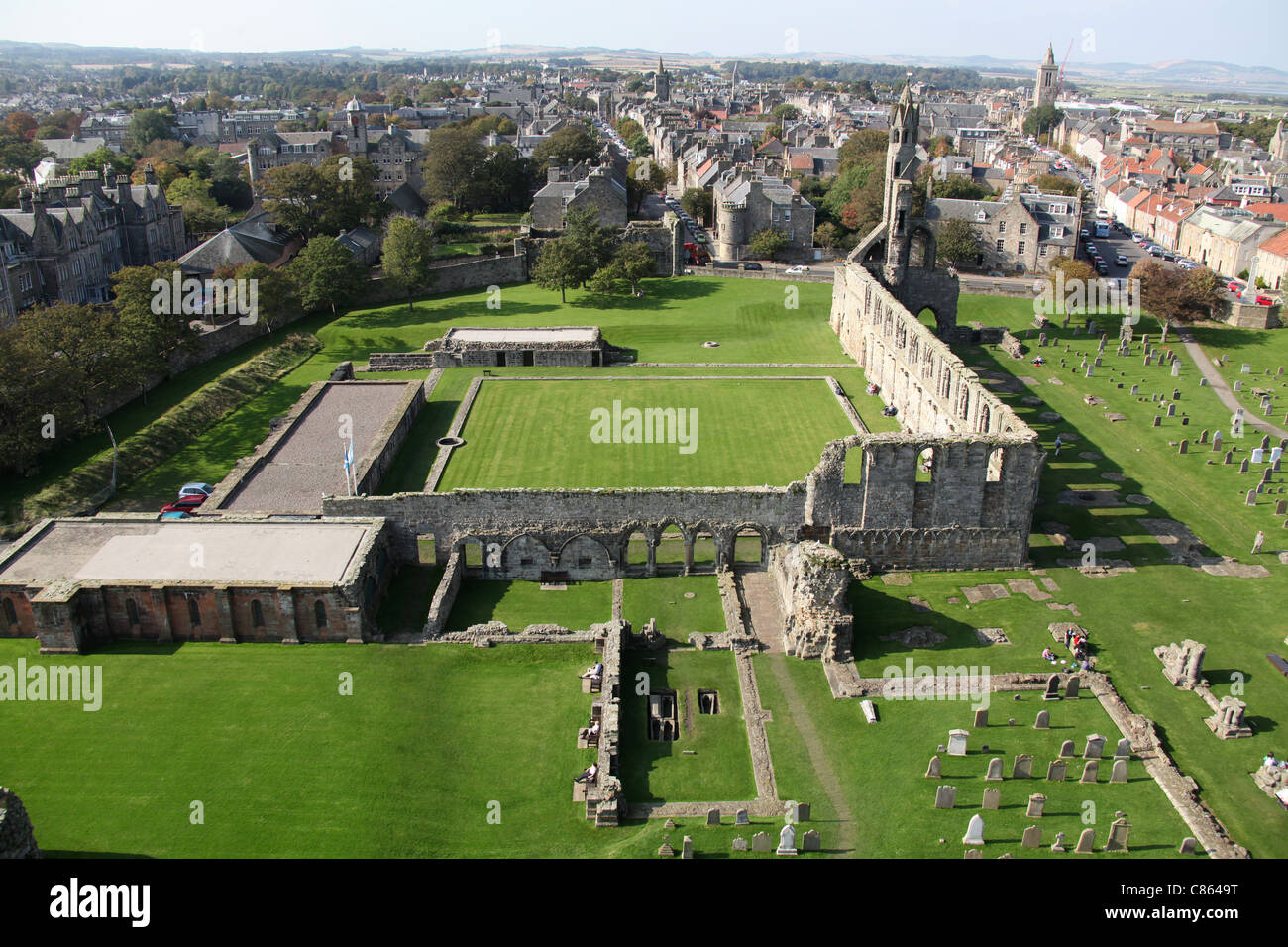 Town of St Andrews, Scotland. Aerial view of St Andrews Cathedral ruins ...