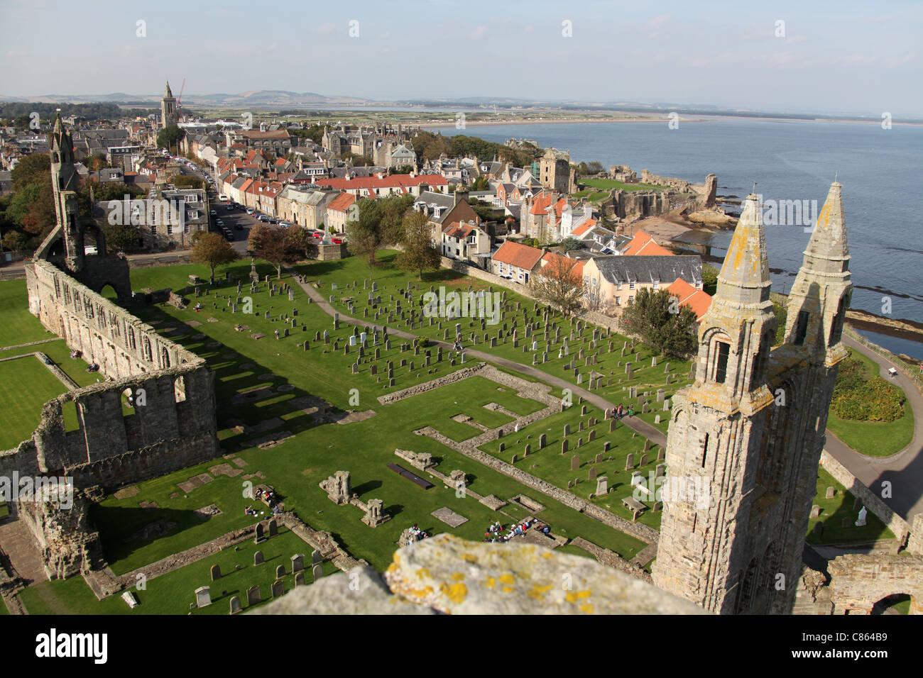 Town of St Andrews, Scotland. Aerial view of St Andrews Cathedral ruins ...