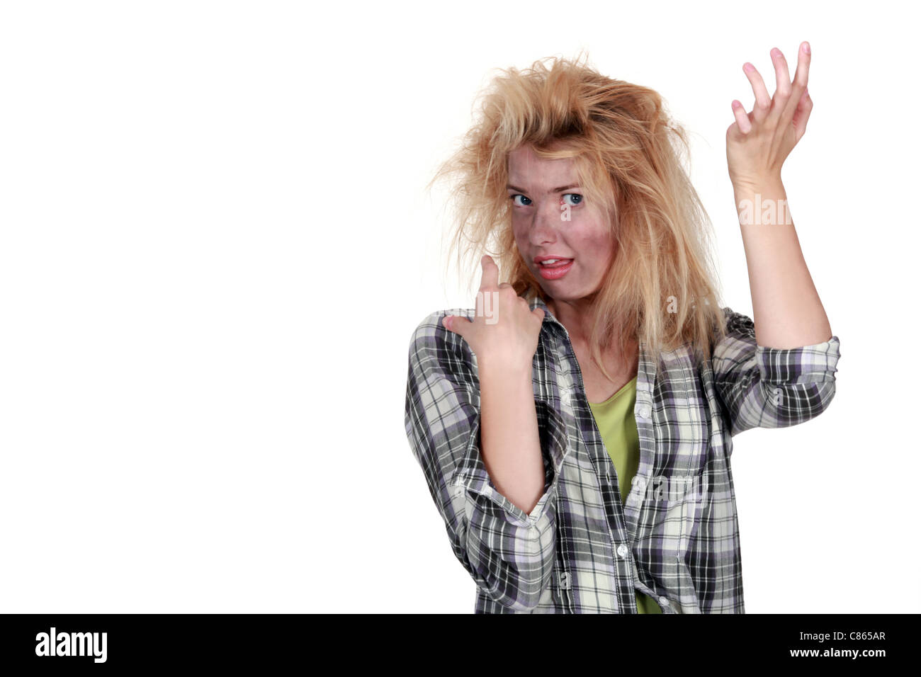 Woman receiving electric shock Stock Photo - Alamy