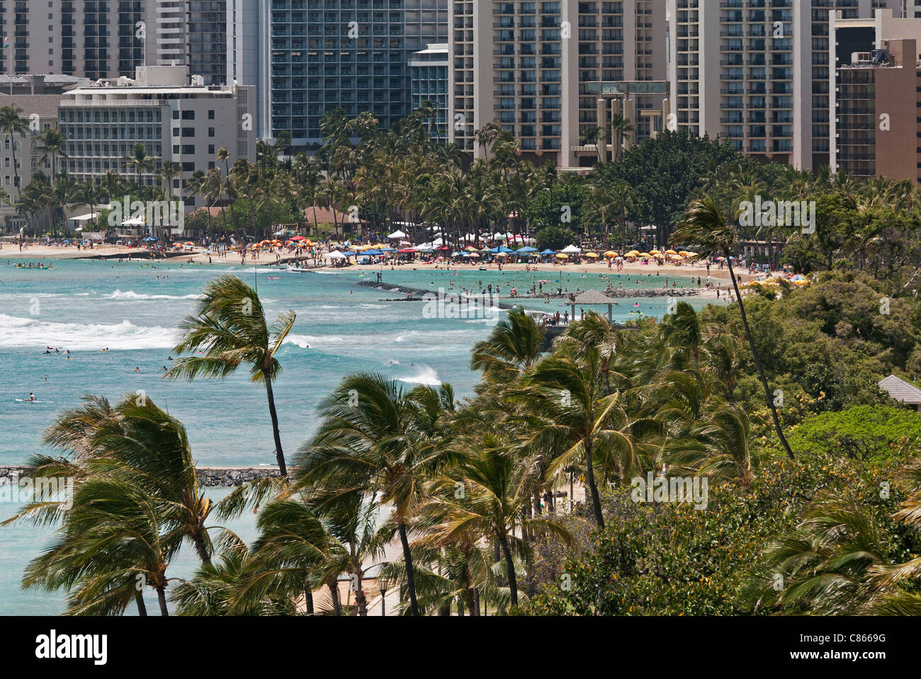 Hawaii travel:the crowded shoreline of Waikiki, Honolulu, Hawaii Stock ...