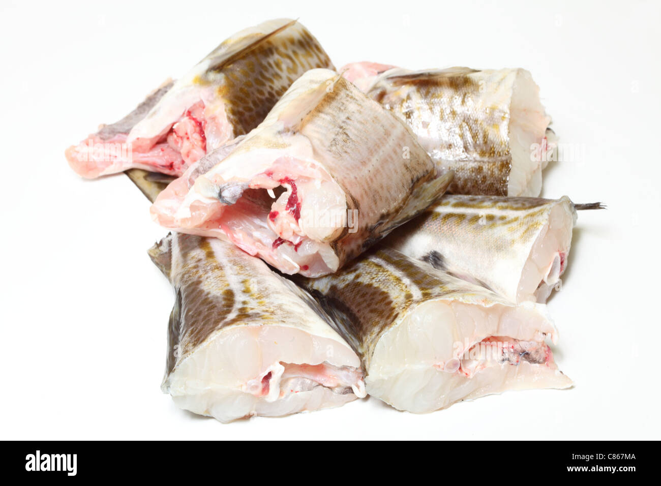 Raw cod fish fillets in kitchen on white background Stock Photo - Alamy