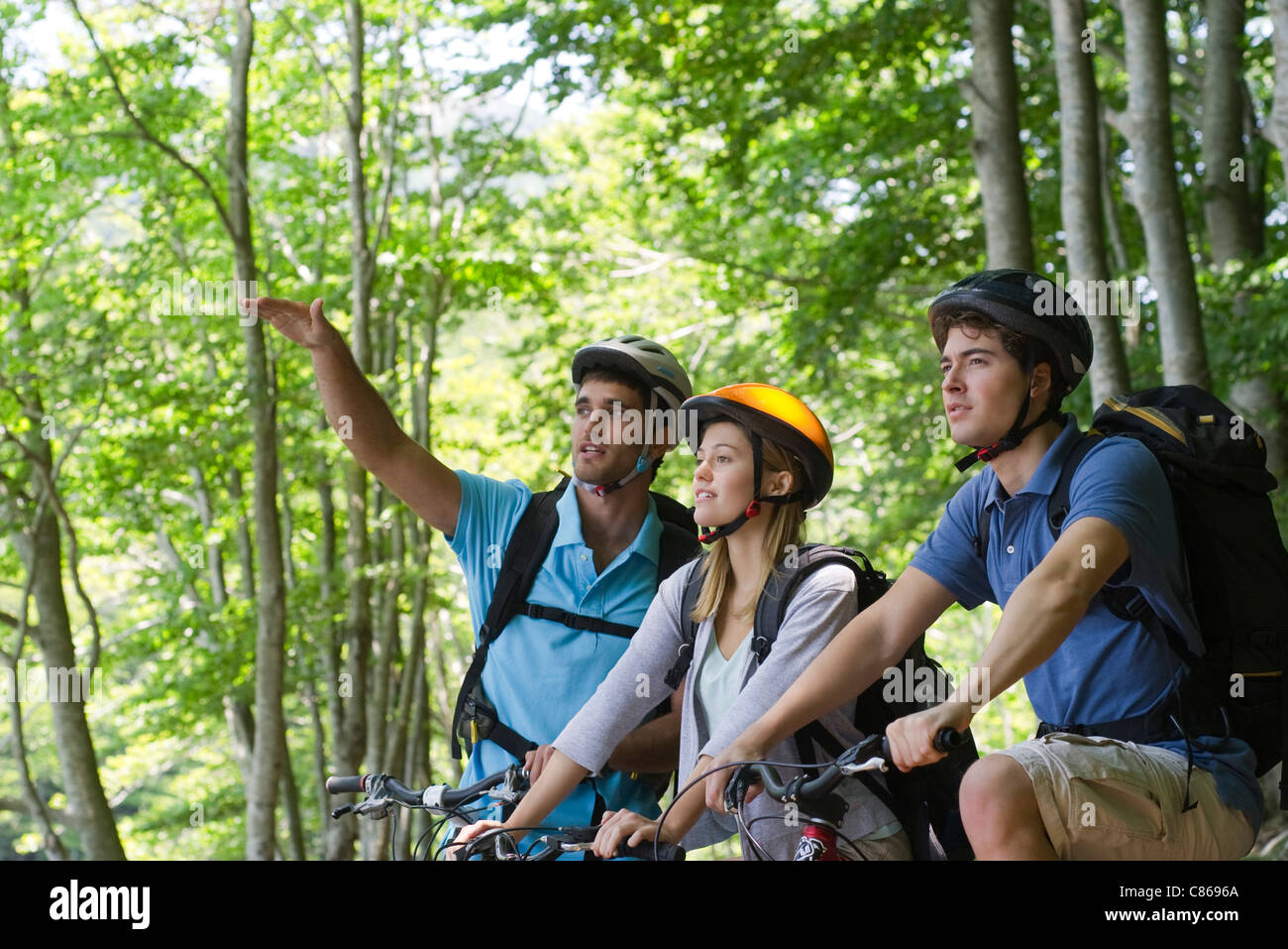 Friends bike riding in woods, man gesturing into distance Stock Photo ...