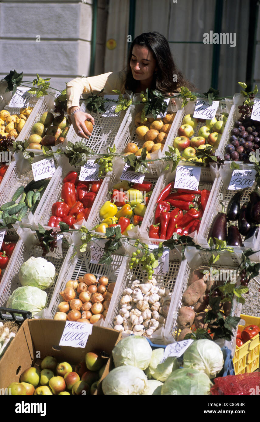 Bucharest, Romania. Street market stall with fresh produce; apples ...