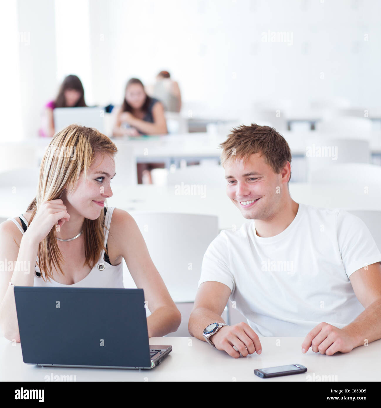two college students having fun studying together, using a laptop ...