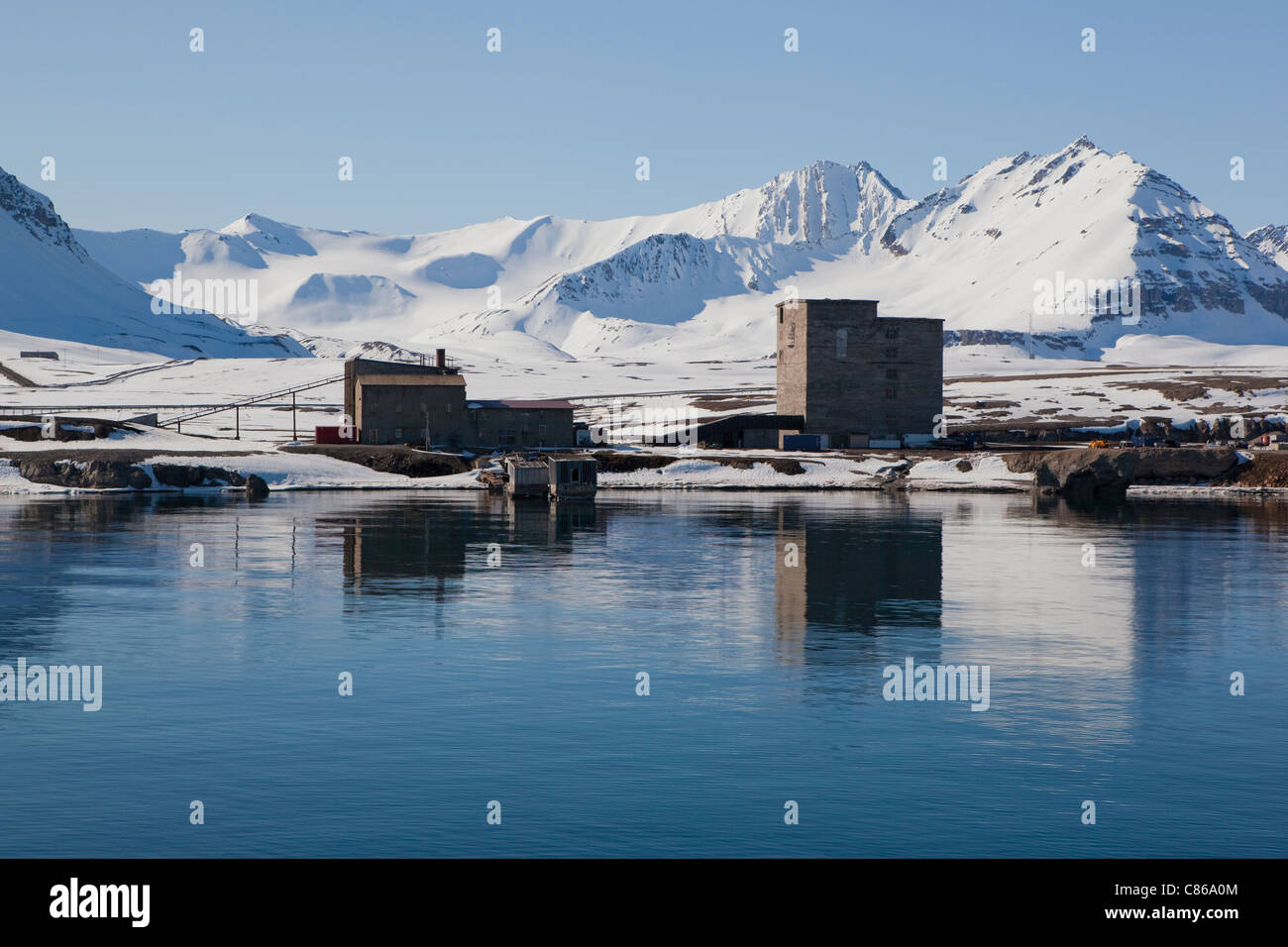 Old coal grading buildings and old power station, Ny Alesund, Svalbard ...