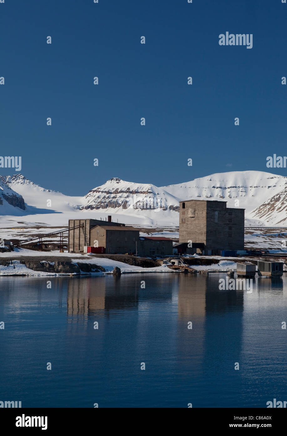 Old coal grading buildings and old power station, Ny Alesund, Svalbard ...
