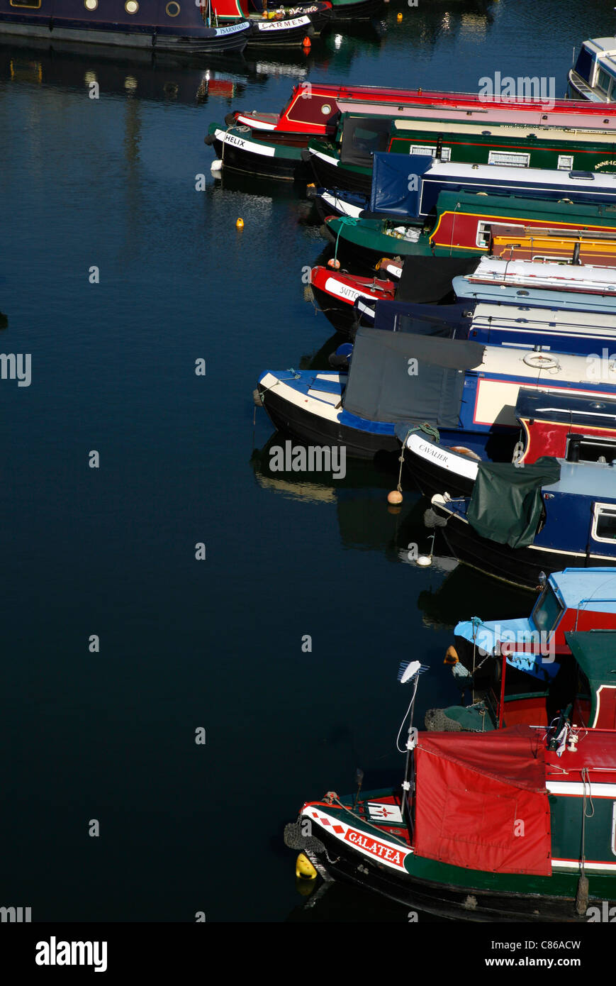 Canal boats moored in St Pancras Basin by the Regent's Canal, St ...