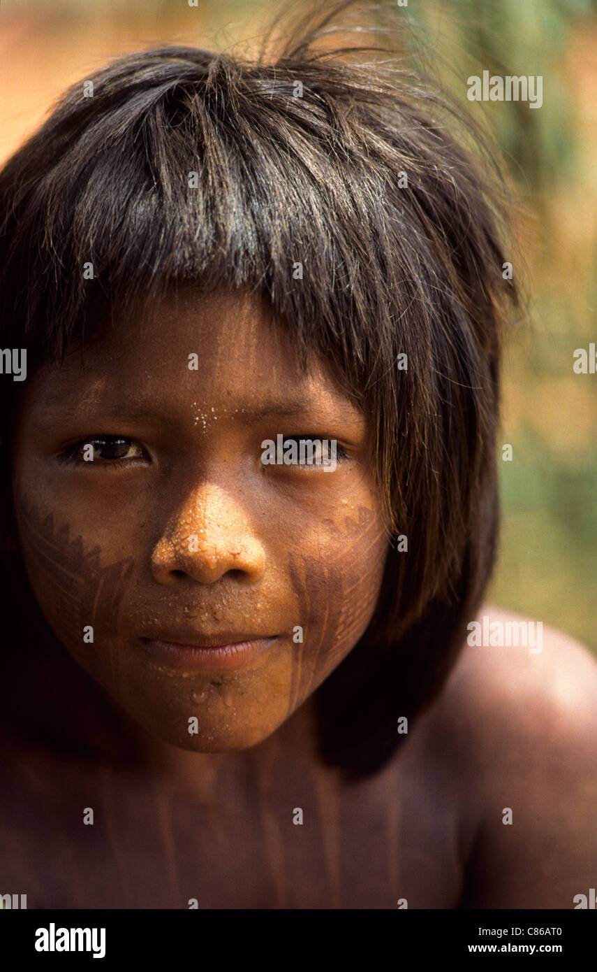A-Ukre Village, Brazil. Pidjore, a Kayapo boy with intricate black ...