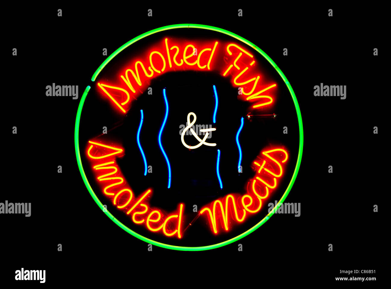 Smoked meats and fish neon sign isolated on black Stock Photo - Alamy