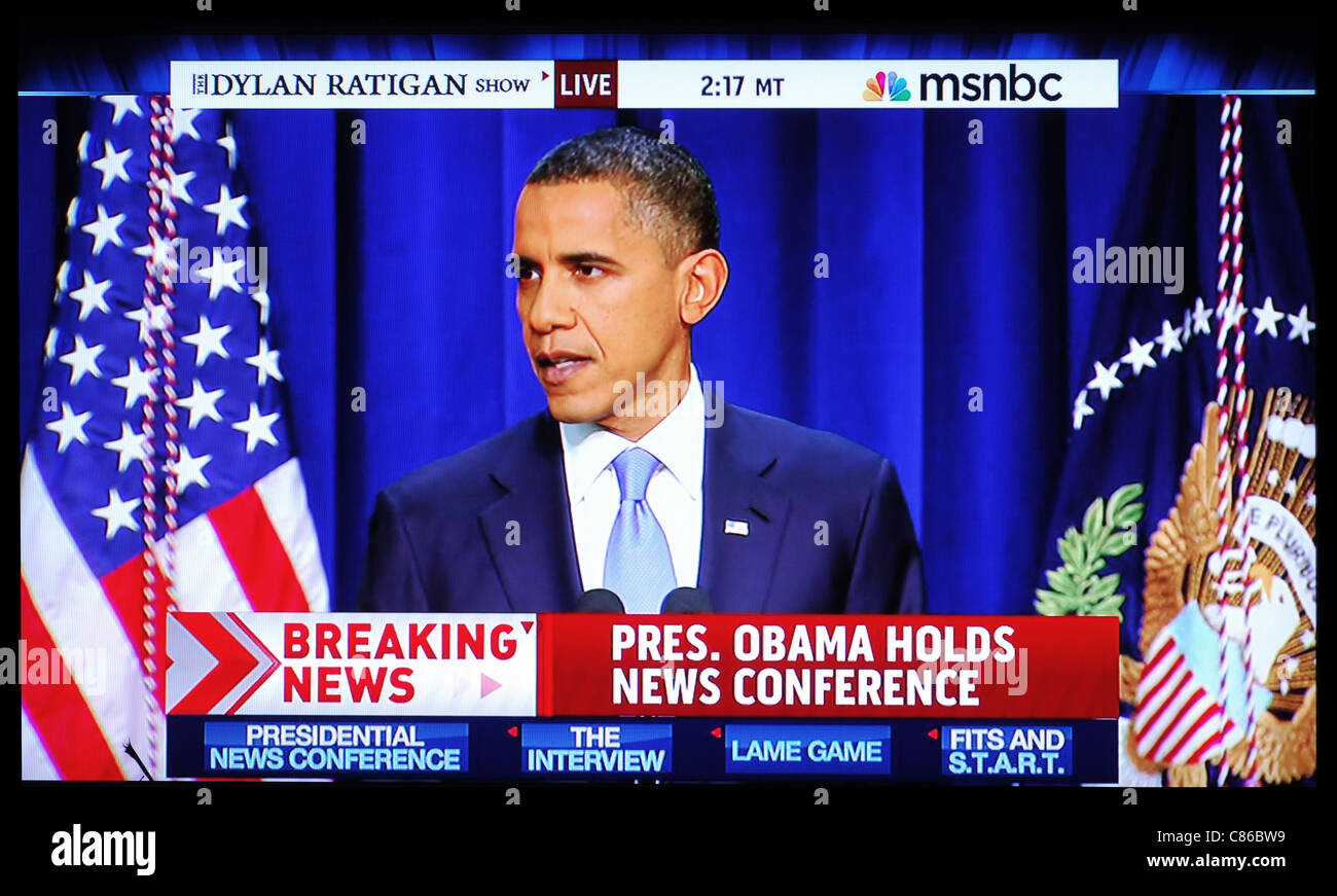 US President Barack Obama holding a live press conference on television ...