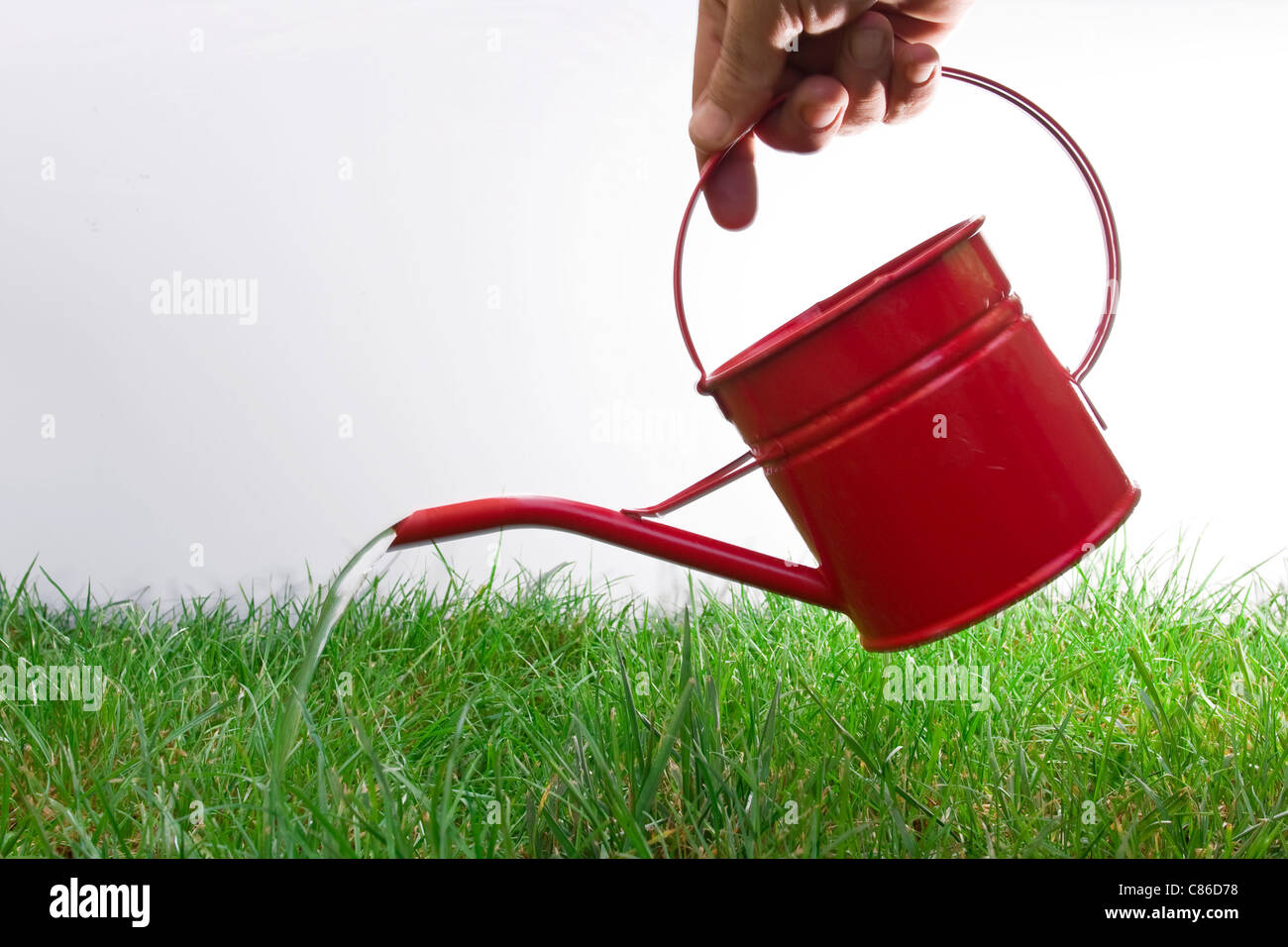 A person holding a watering can and green glass isolated on white ...