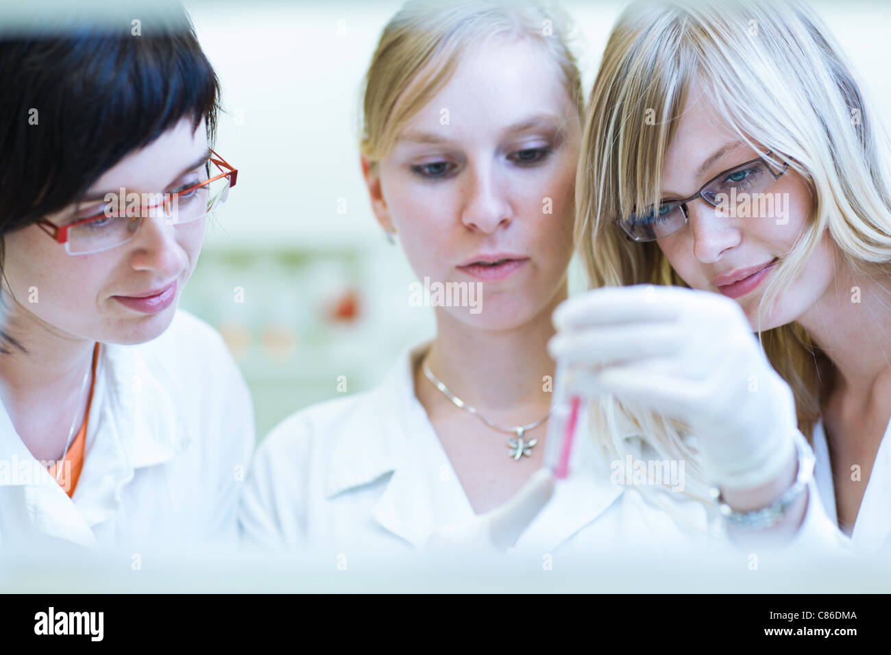 Three female researchers/chemistry students doing research in a ...