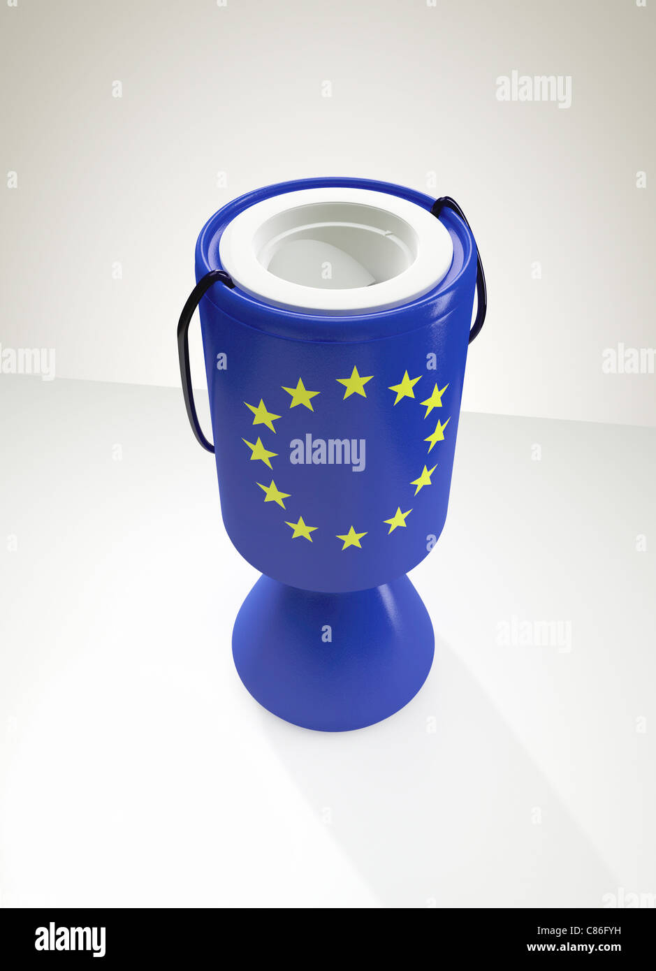 EU stars flag on blue plastic charity collection box Stock Photo - Alamy