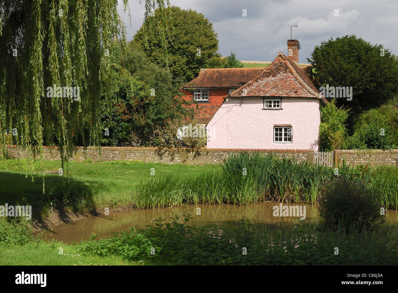 Pink colored cottage by village pond at East Dean. Near Chichester ...