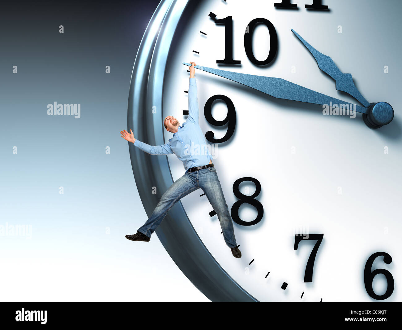 man hang on 3d clock Stock Photo - Alamy