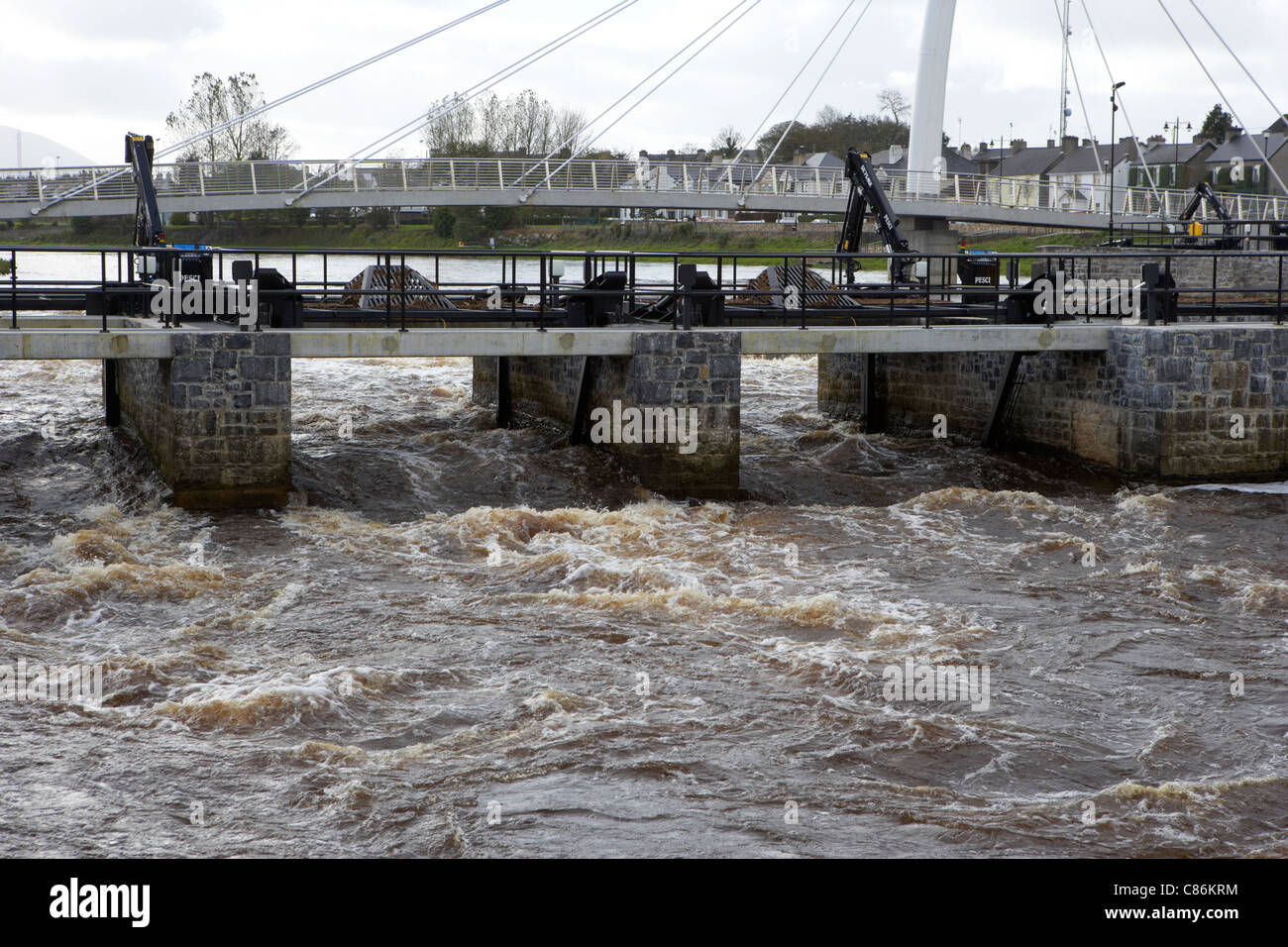 salmon gates at the ridgepool weir on the river moy flowing through the ...