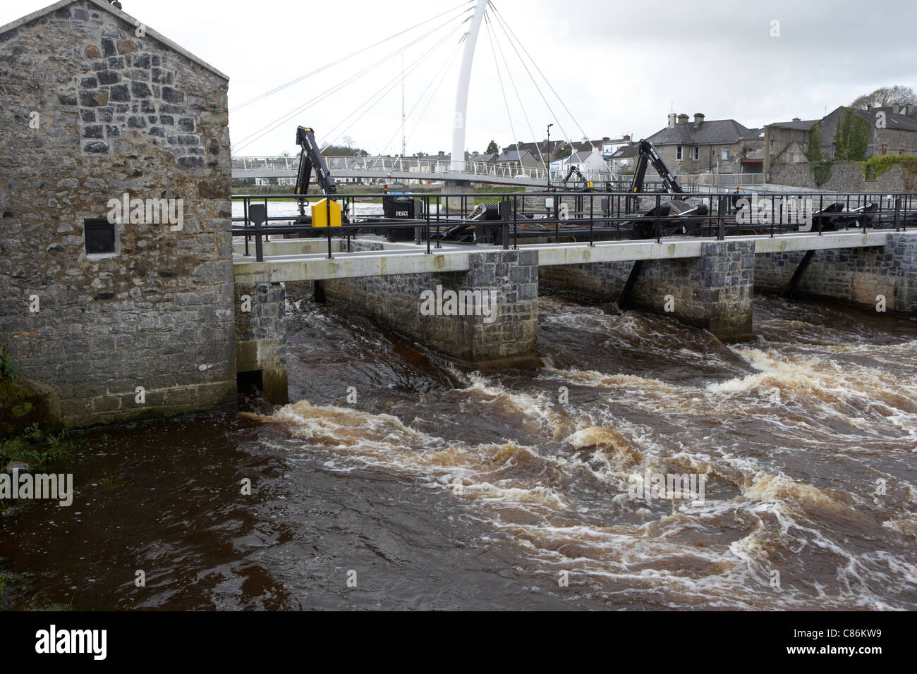 salmon gates at the ridgepool weir on the river moy flowing through the ...