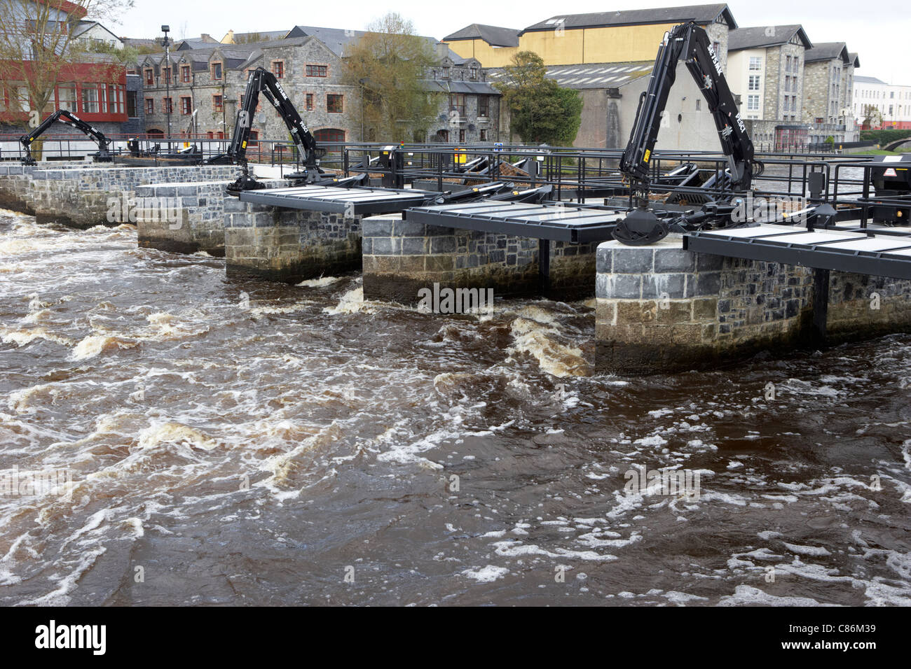 salmon gates at the ridgepool weir on the river moy flowing through the ...