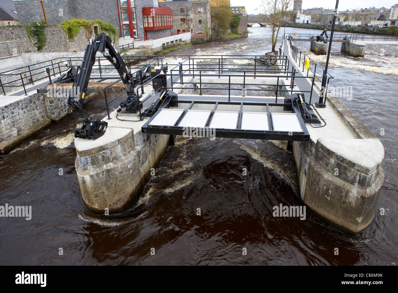salmon gates at the ridgepool weir on the river moy flowing through the ...
