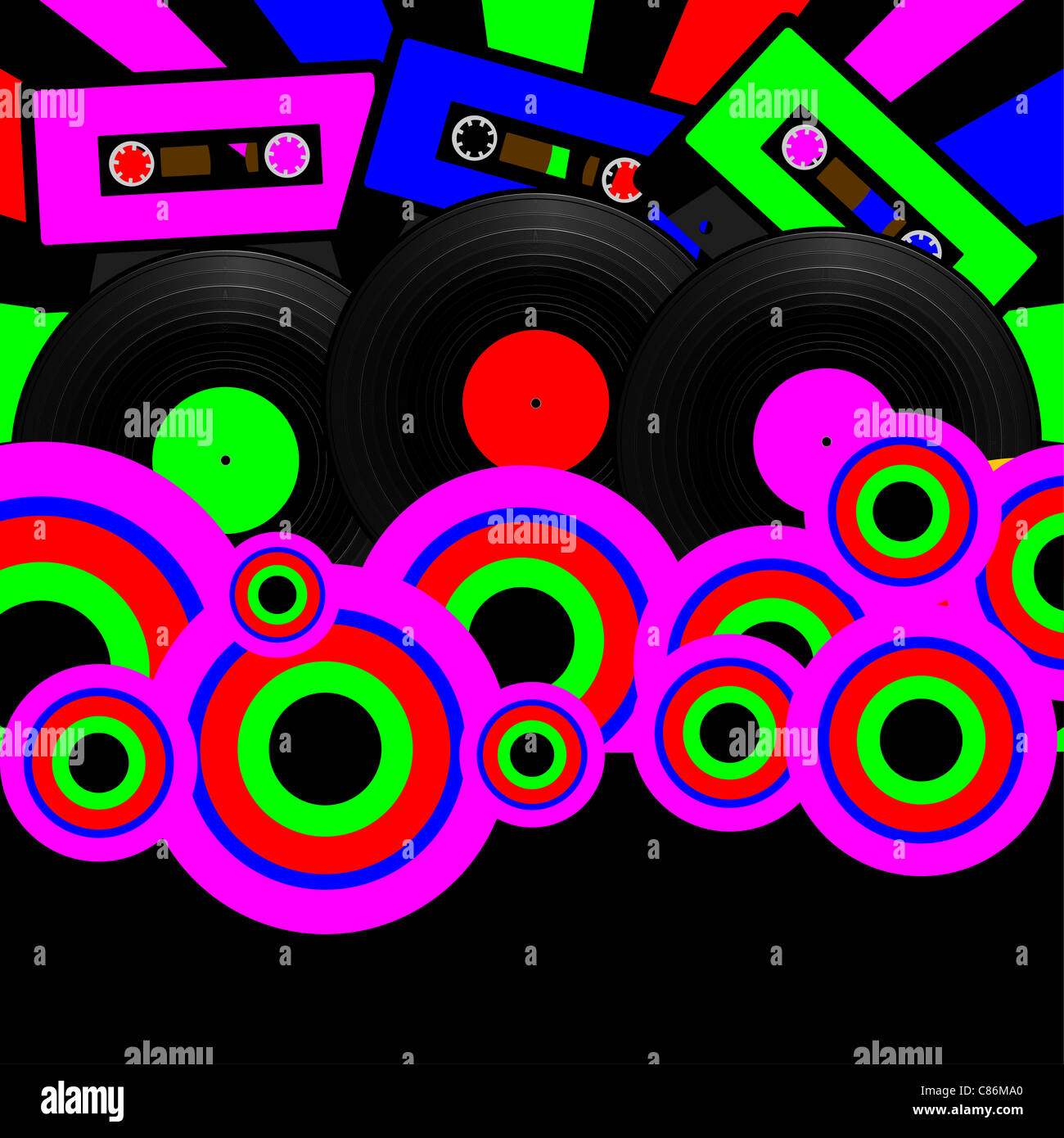 Retro Party Background - Retro Audio Cassette Tapes and Vinyl Records ...