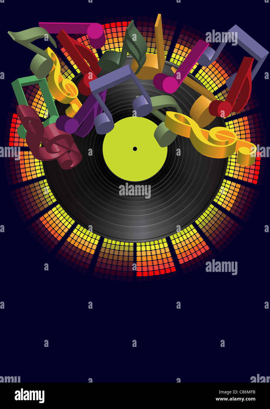 Music Background - Vinyl Record and Notes on Dark Blue Background Stock ...