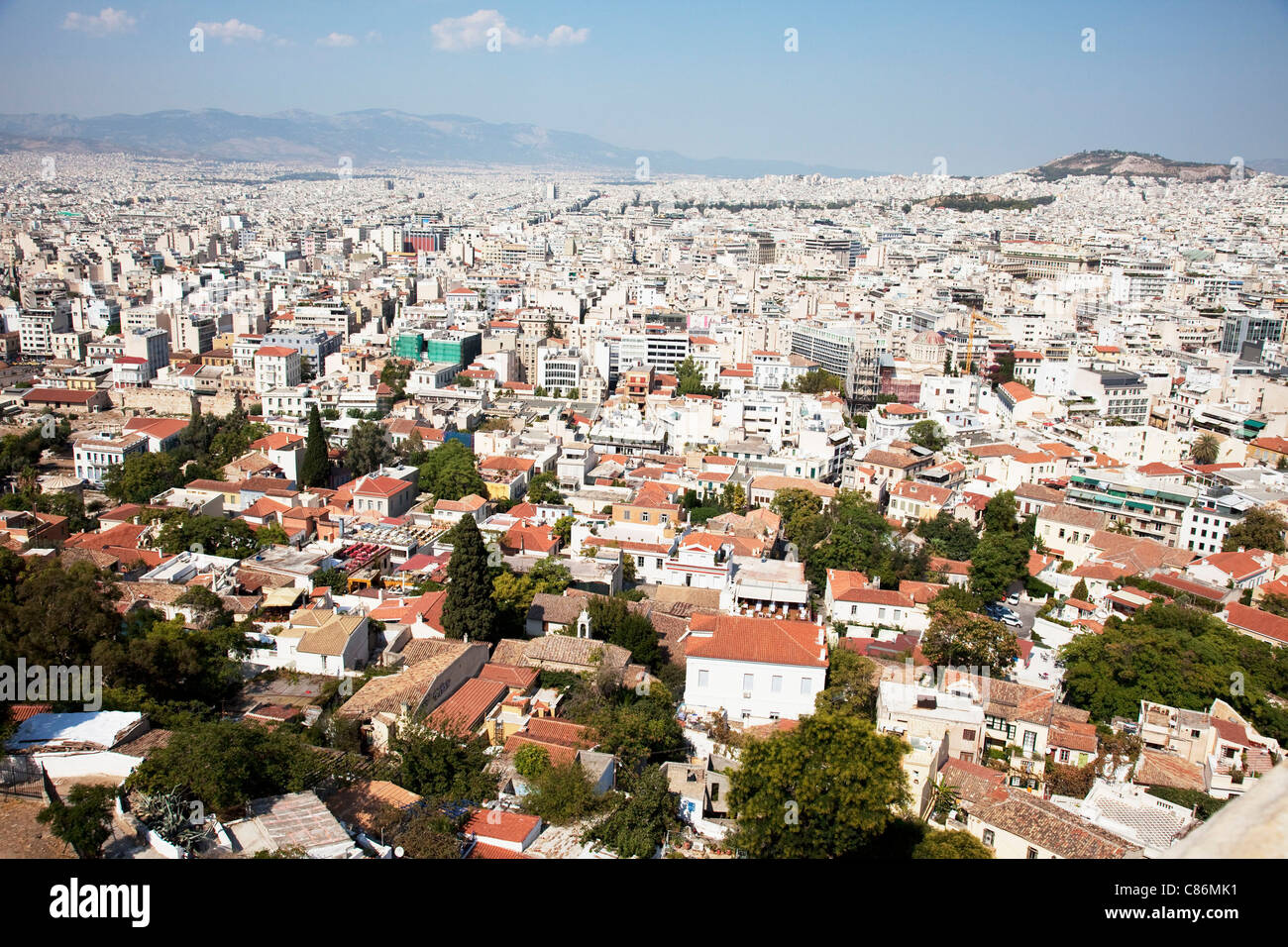 View across the sprawling city of Athens from Acropolis to the summit ...