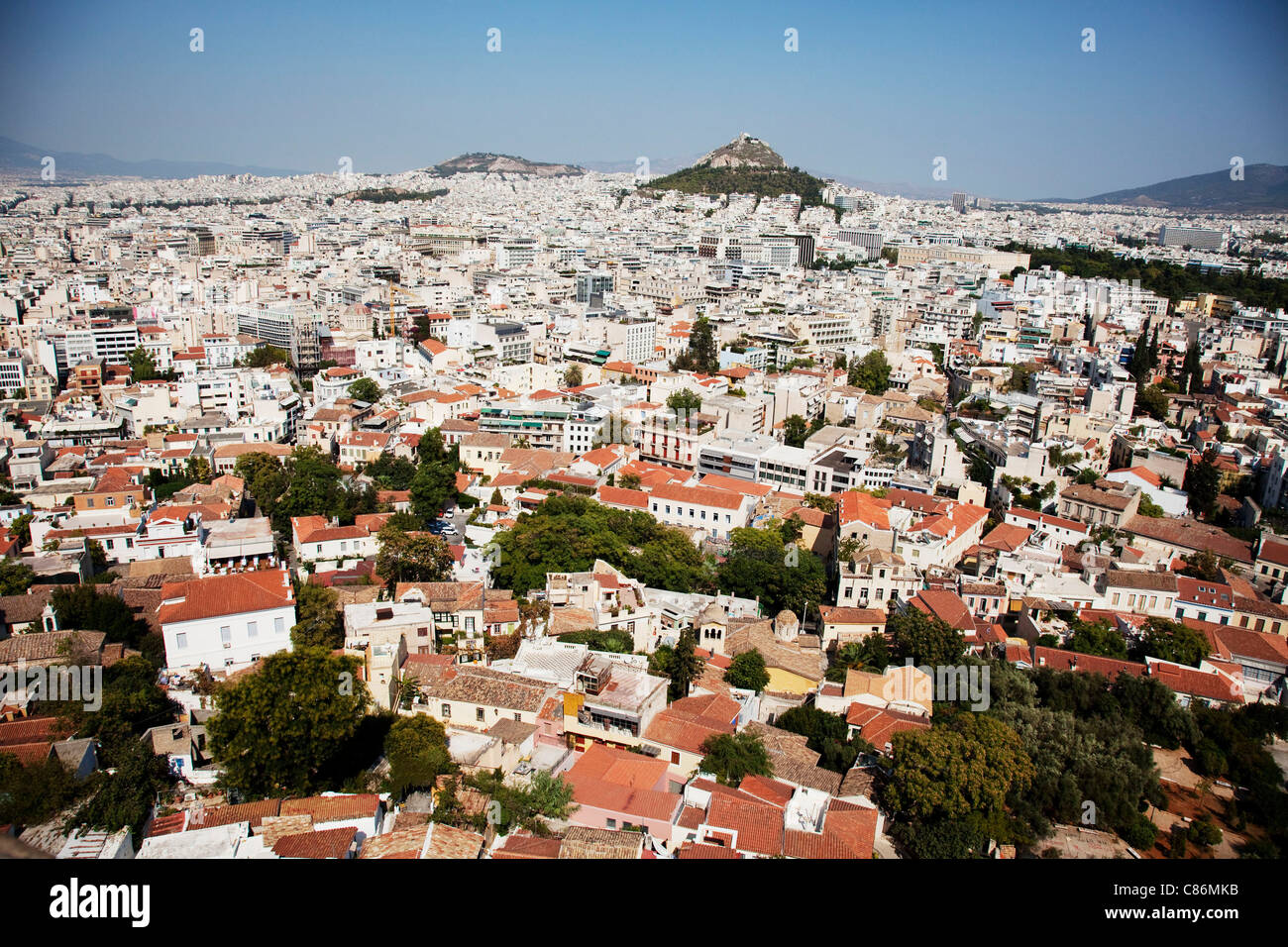 View across the sprawling city of Athens from Acropolis to the summit ...