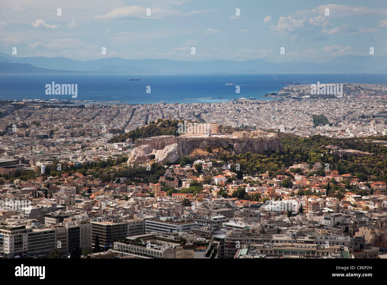 View across the sprawling city of Athens from the summit of Lykavittos Hill towards the ...