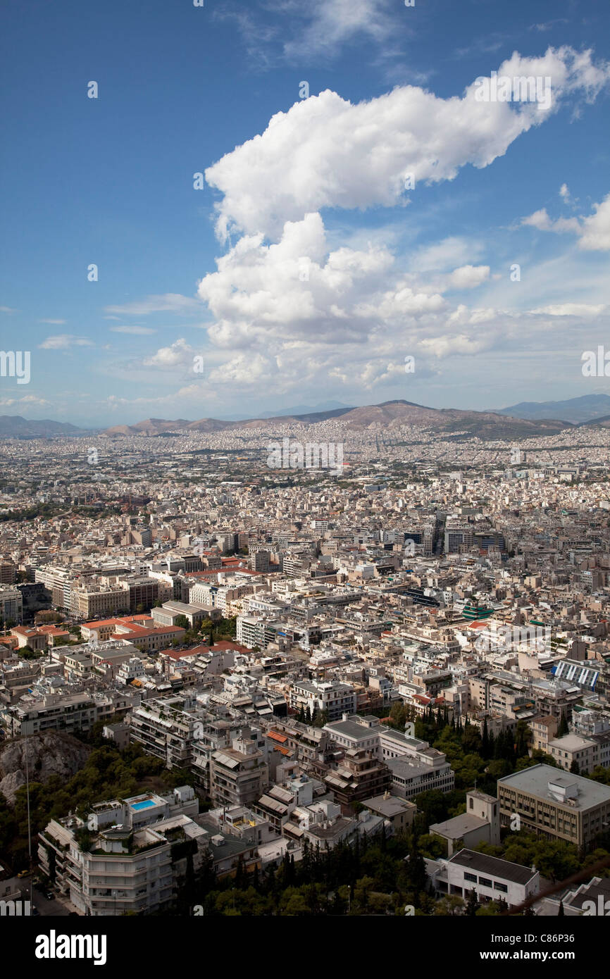 View across the sprawling city of Athens from the summit of Lykavittos ...