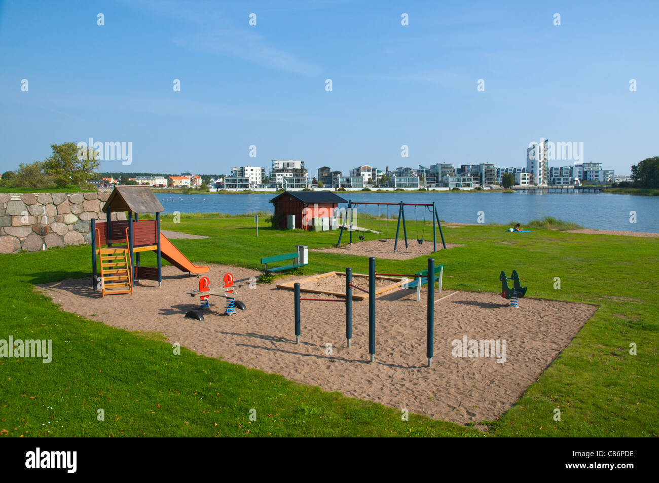 Childrens playground at Kattrumpan beach Kalmar city Småland southern ...