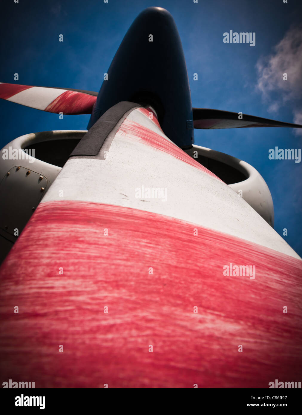 A shot from the under side of a aircraft propeller with blue sky Stock ...