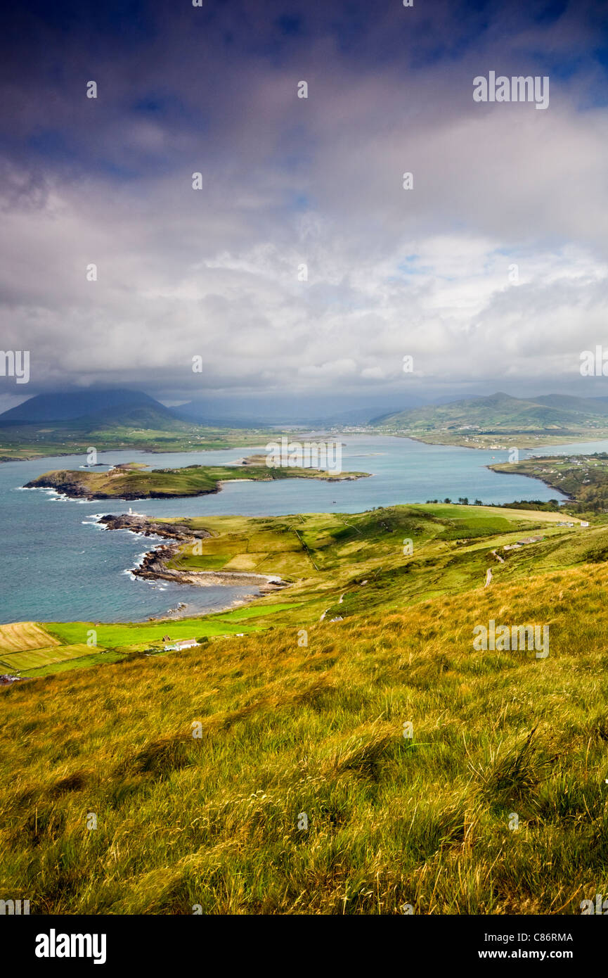A view towards the Irish mainland from the top of Geokaun Mountain, the ...