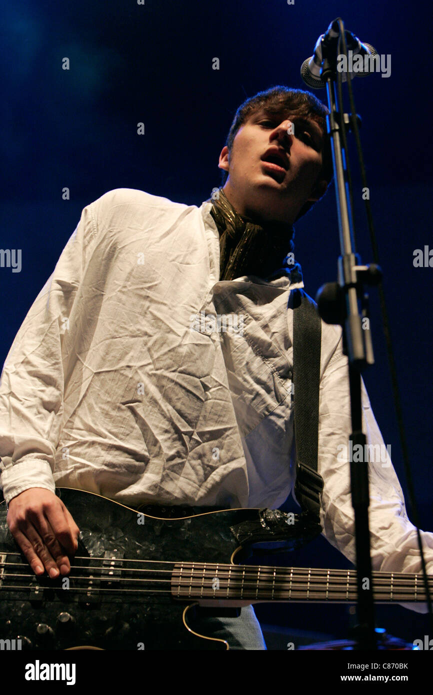 Kai Fish with the Mystery Jets performs on stage at the NME Brat Pack ...