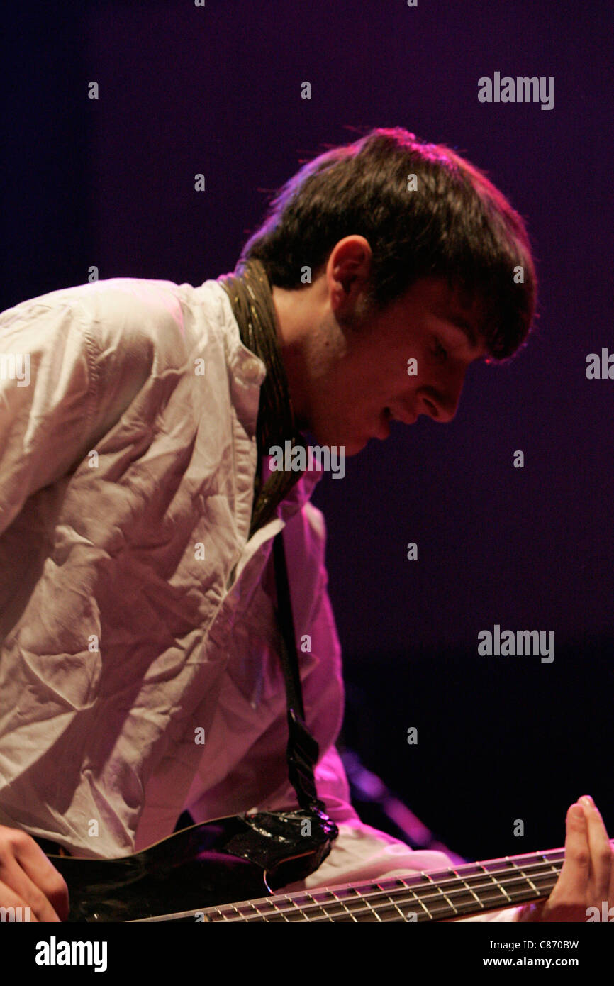 Kai Fish with the Mystery Jets performs on stage at the NME Brat Pack ...