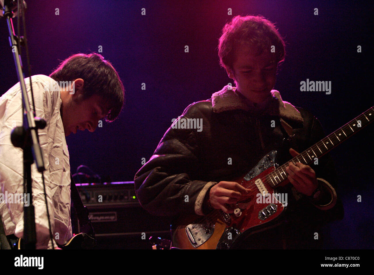 Kai Fish and Will Rees with the Mystery Jets performs on stage at the ...