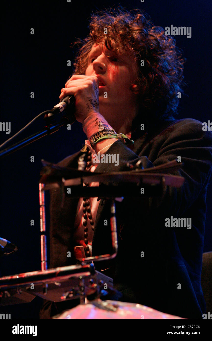 Blaine Harrison with the Mystery Jets performs on stage at the NME Brat ...