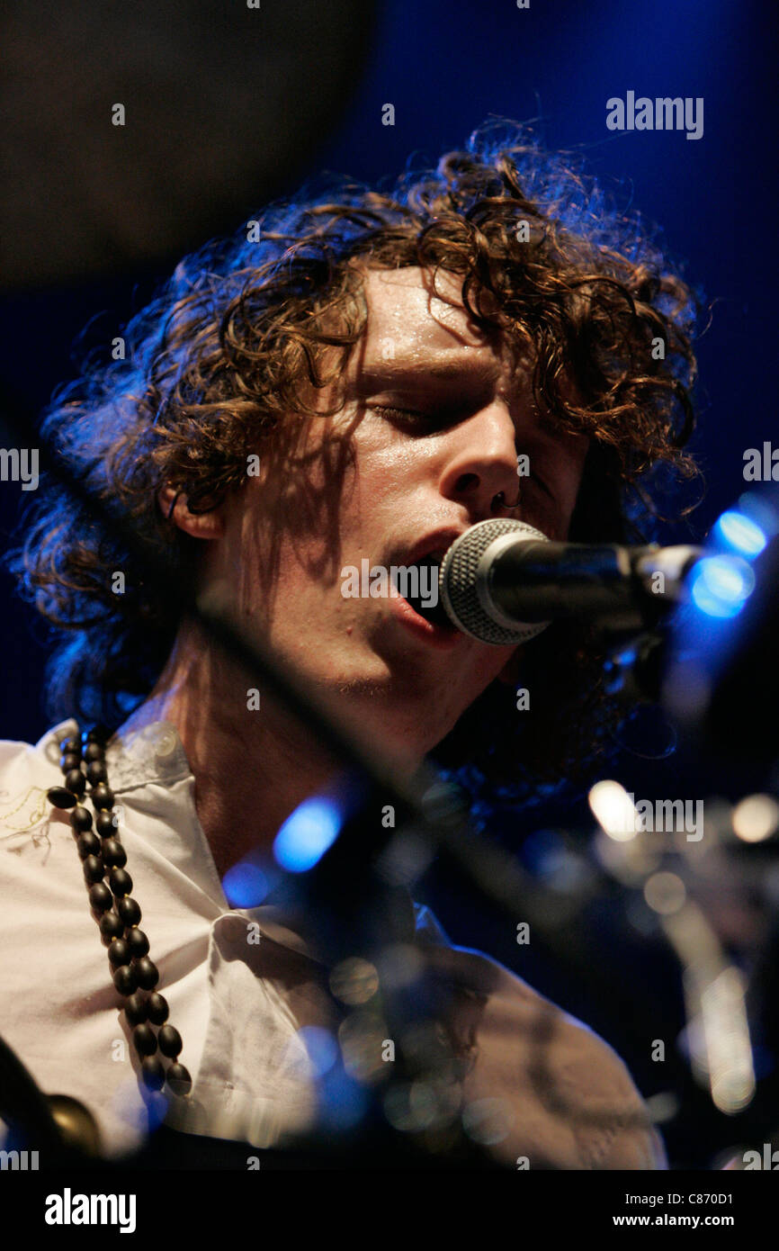 Blaine Harrison with the Mystery Jets performs on stage at the NME Brat ...