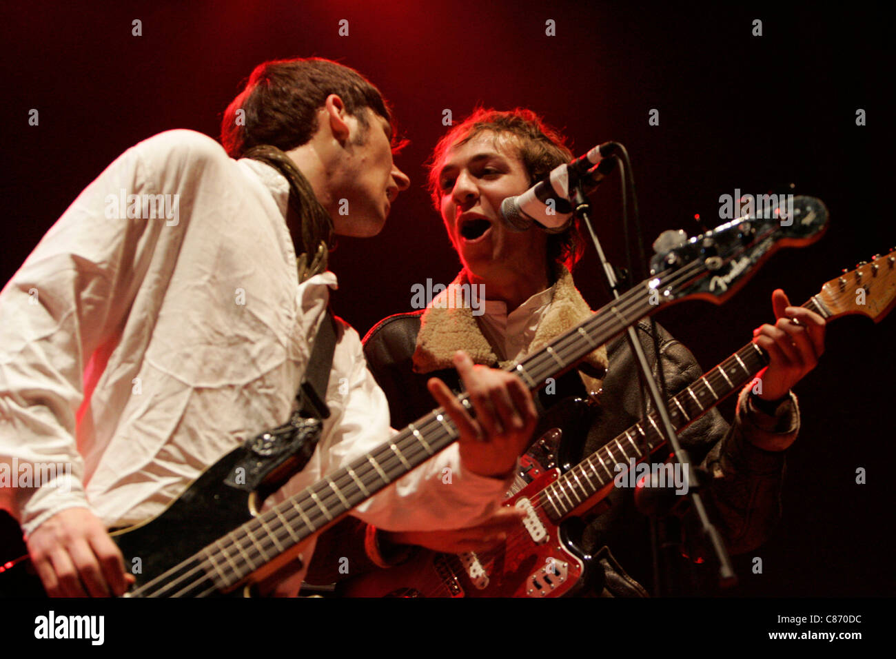 Kai Fish and Will Rees with the Mystery Jets performs on stage at the ...