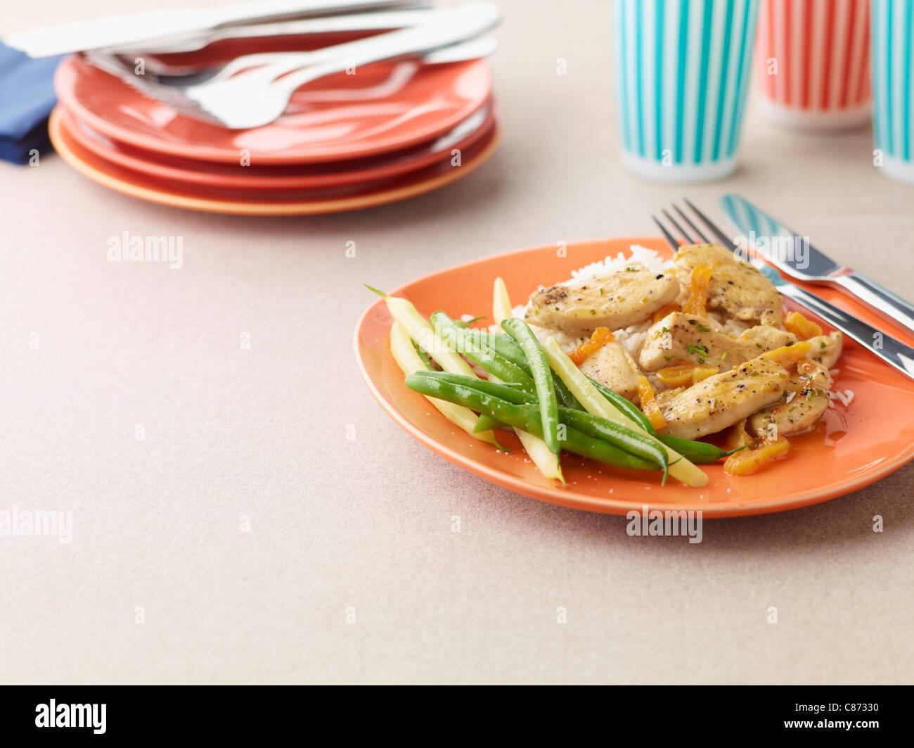 Apricot Chicken and Green and Yellow Beans Stock Photo - Alamy