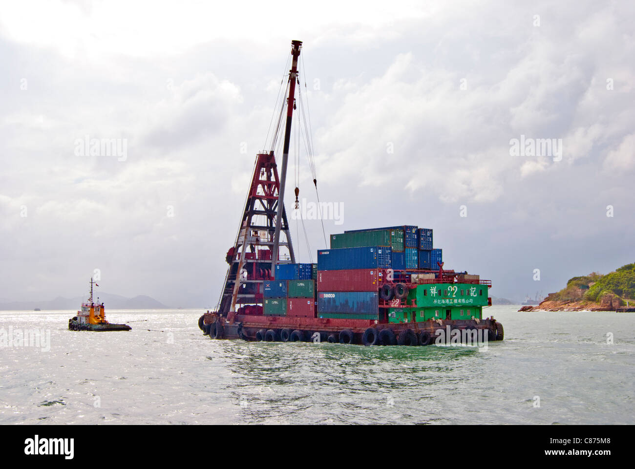 Container Transfer Barge with tug, Victoria Harbour, Hong Kong Stock ...