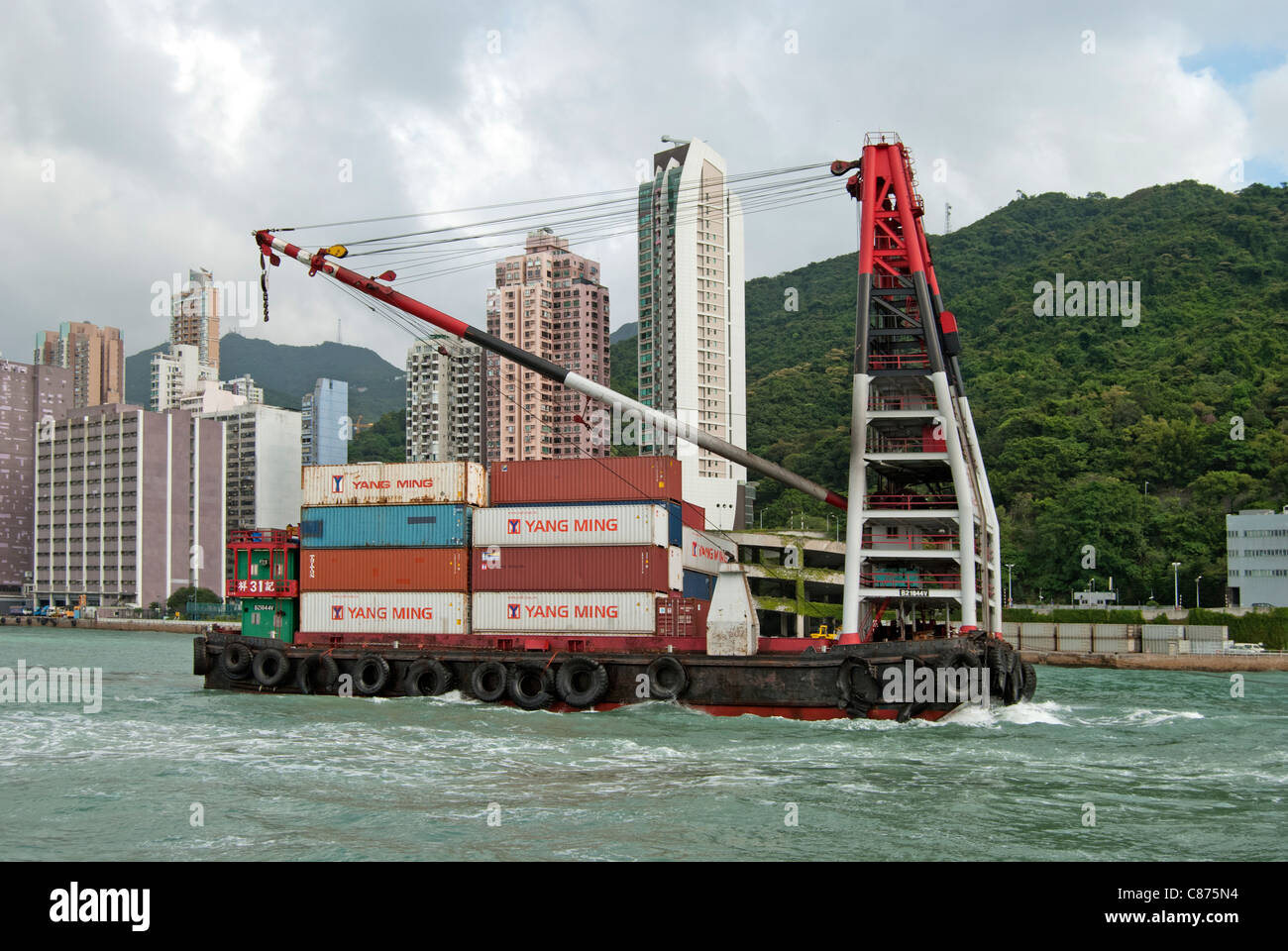 Container Transfer Barge, Victoria Harbour, Hong Kong Stock Photo - Alamy