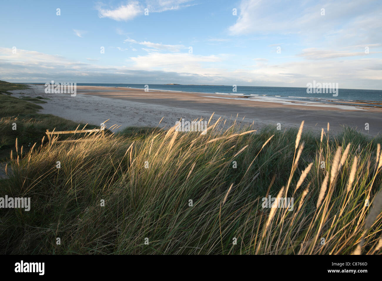 St Aidan's Dunes and Seahouses beach in Northumberland England Stock ...