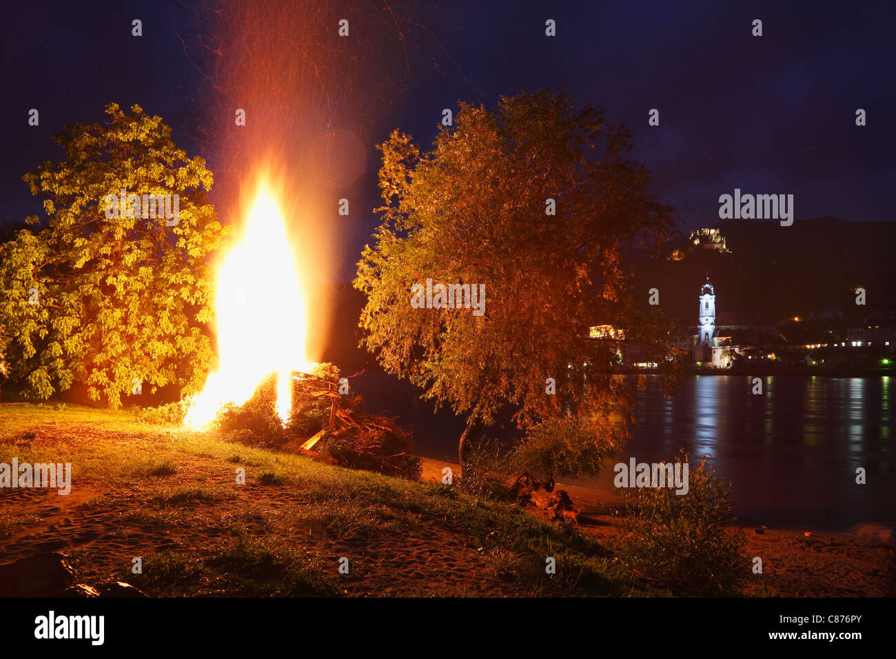 Austria, Lower Austria, Wachau, Duernstein, View of bonfire at ...