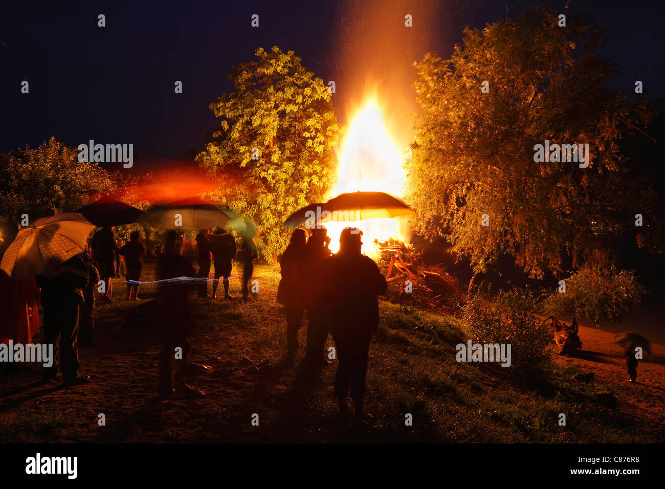 Austria, Lower Austria, Wachau, Rossatz, View of bonfire at midsummer ...